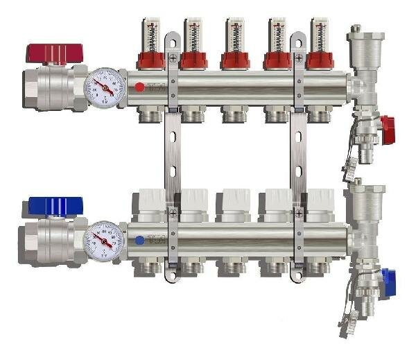Kоллекторная группа 1* с расходомерами на 5 выходов латунь TIM КА005 c кранами и воздух.