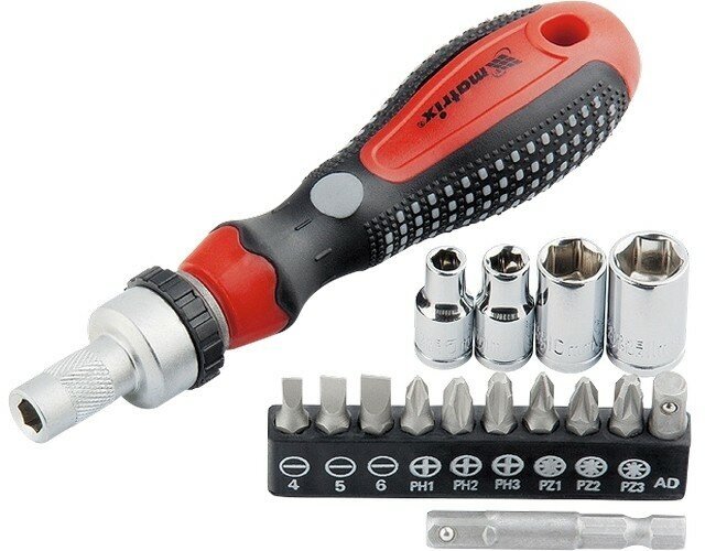 Отвертка реверсивная с набором бит и насадок торцевых, CrV, 1/4, 16 шт Matrix 11332