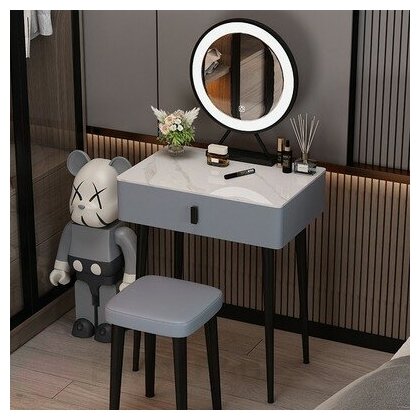 Компактный туалетный столик 50 см обитый кожей с табуретом и зеркалом с подсветкой (синий столик - без табурета и зеркала)