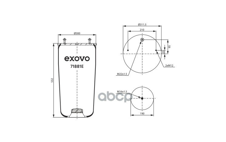 Пневмоподушка без стакана! верх:2шп. M12, 1отв. M22 BPW EXOVO арт. 71881E