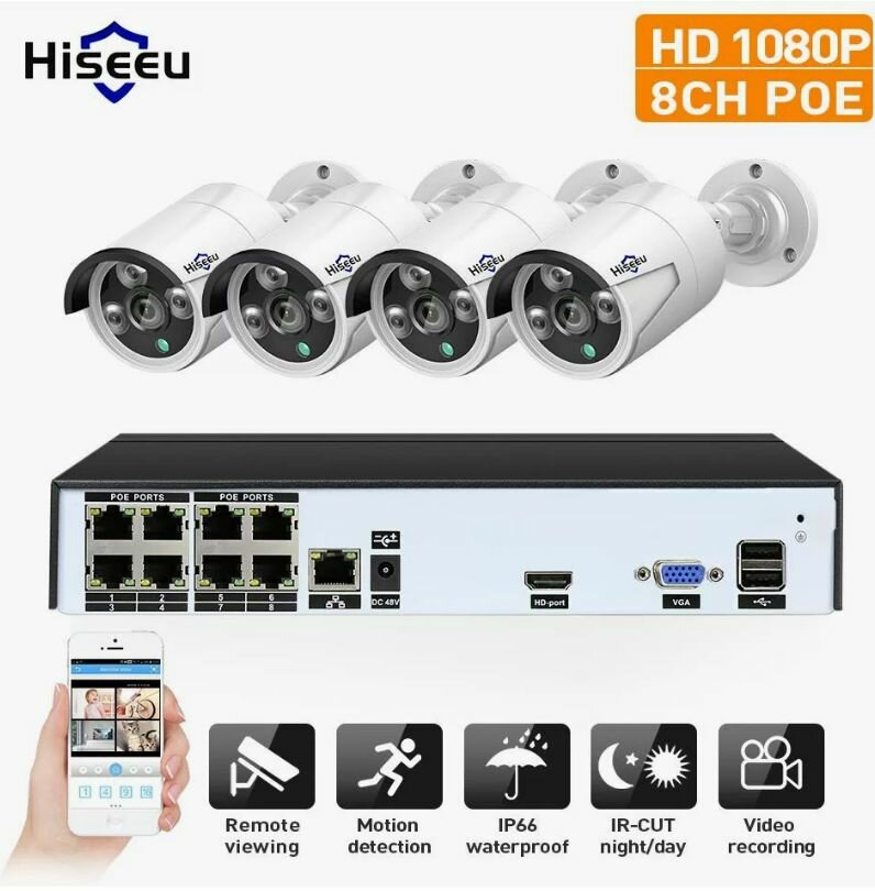 Hiseeu 4 IP камеры 5 МР 3MP H.265 8 CH POE система видеонаблюдения 1ТБ жесткий диск, полный комплект видеонаблюдения