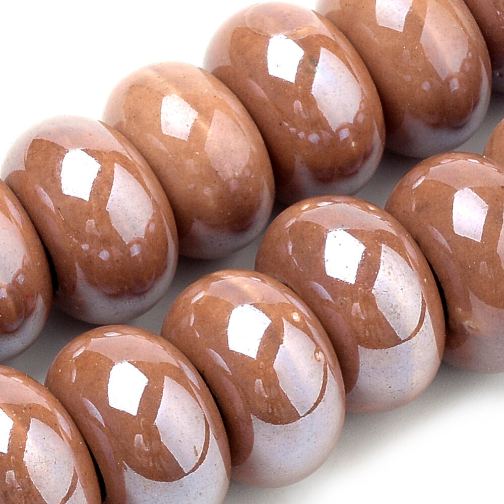 Бусина фарфоровая, 13х8.5мм, рондель, кофе с молоком, с перламутровым отливом, 5 шт.