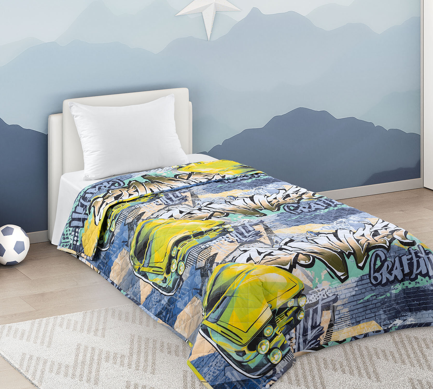 Покрывало Детское Стеганое 110х140 Перкаль Уличные гонки 1 желт