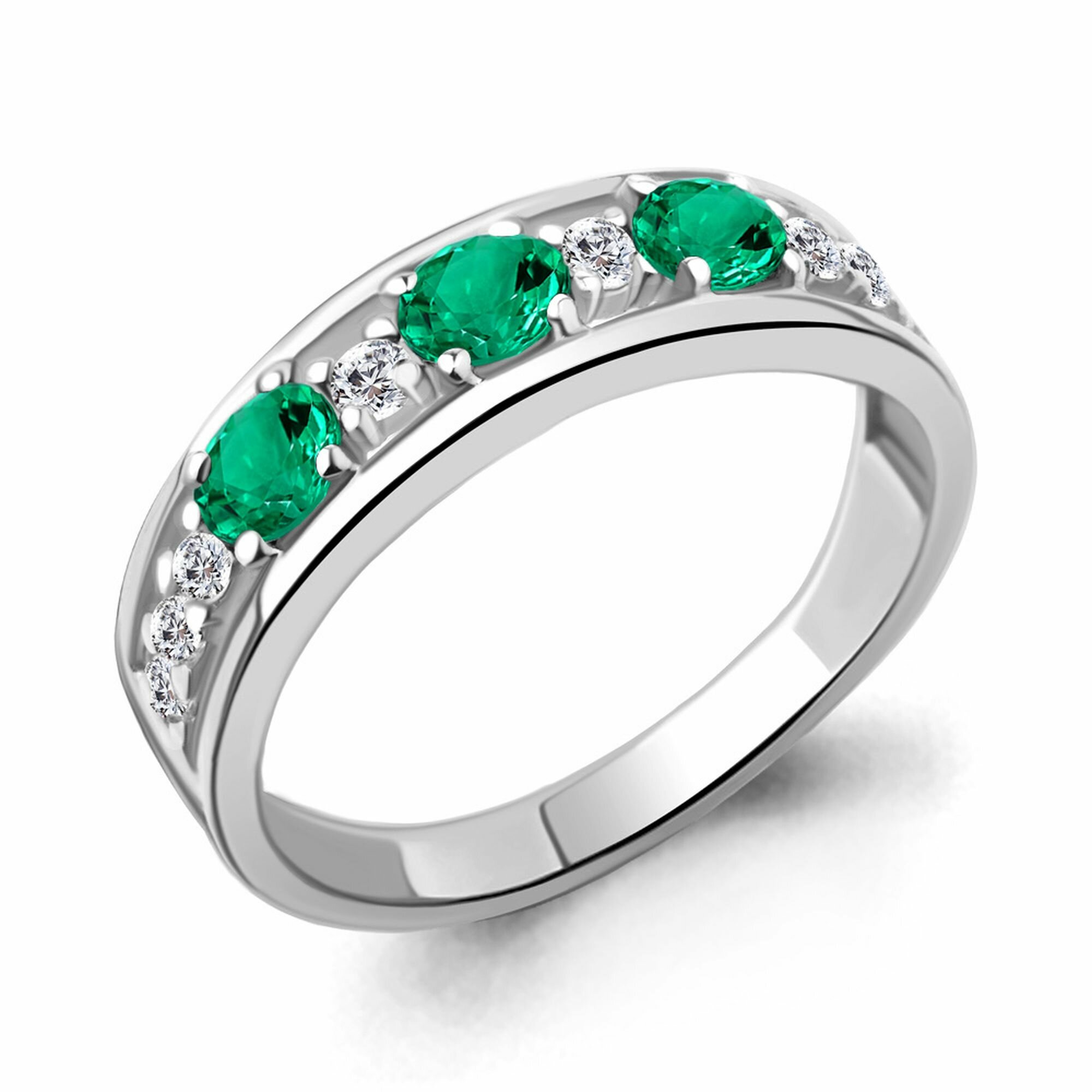 Кольцо, серебро, 925 проба, родирование, изумруд синтетический, фианит