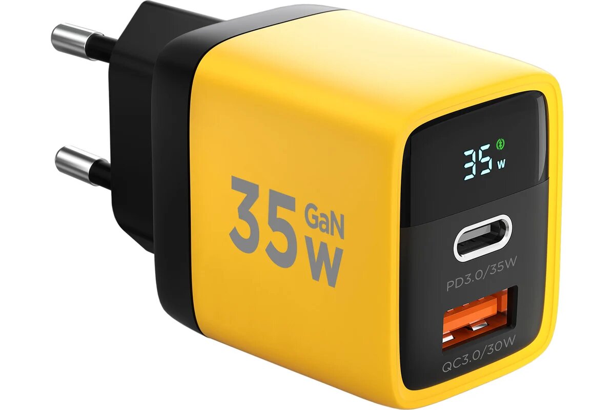 Cablexpert GaN зарядное устройство 35Вт с дисплеем QC3.0 PD3.0 USB Type-C желтый в коробке