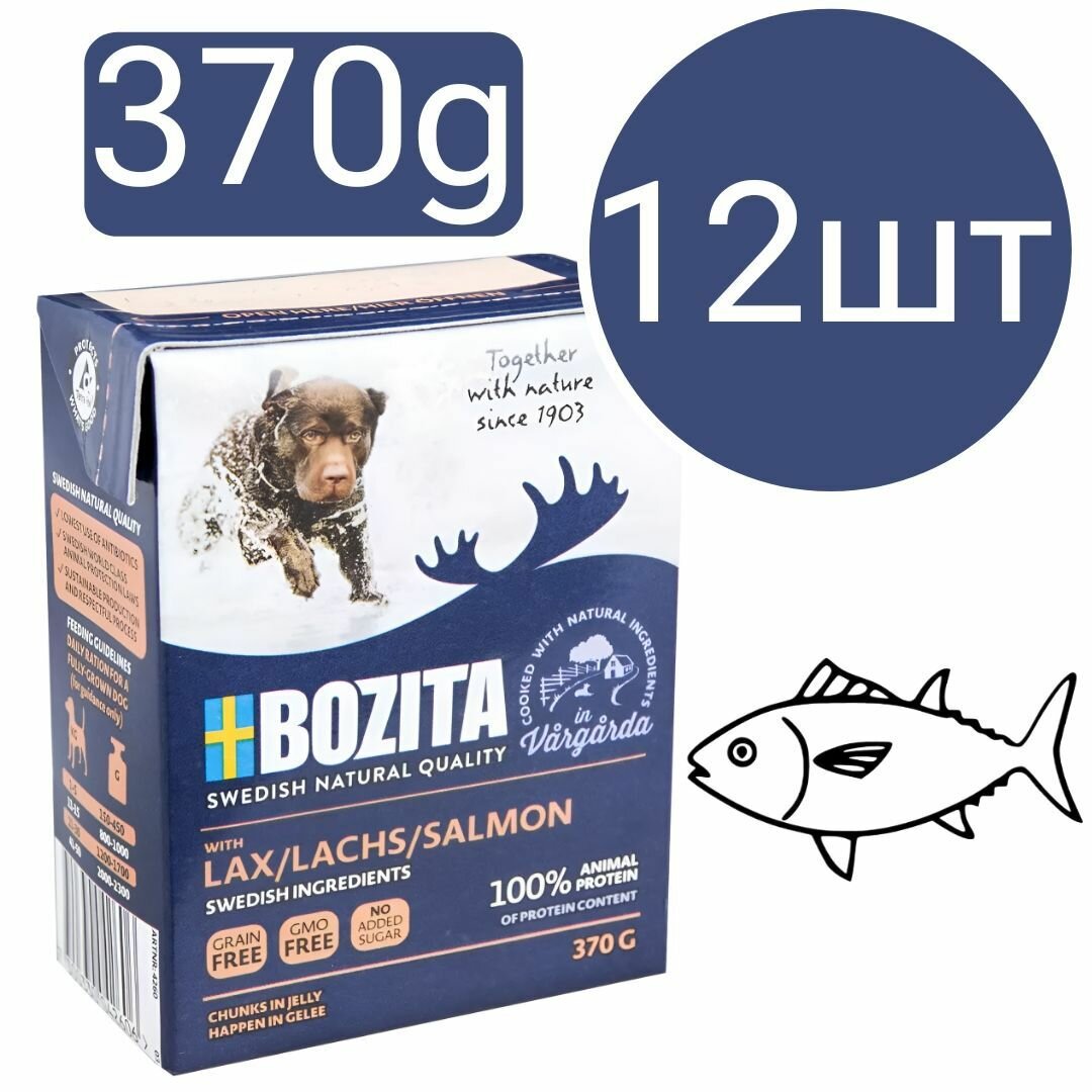 Влажный корм для собак BOZITA , кусочки в желе со вкусом лосося (12шт по 370г)