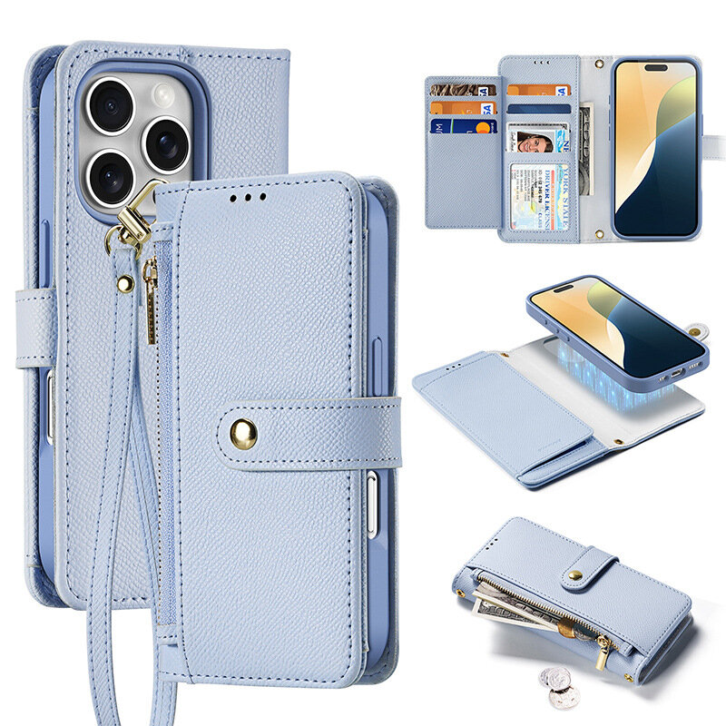 Чехол DUX DUCIS, для iPhone 16 Pro Max, кожаный, с магнитом, со шнурком, светло-голубой