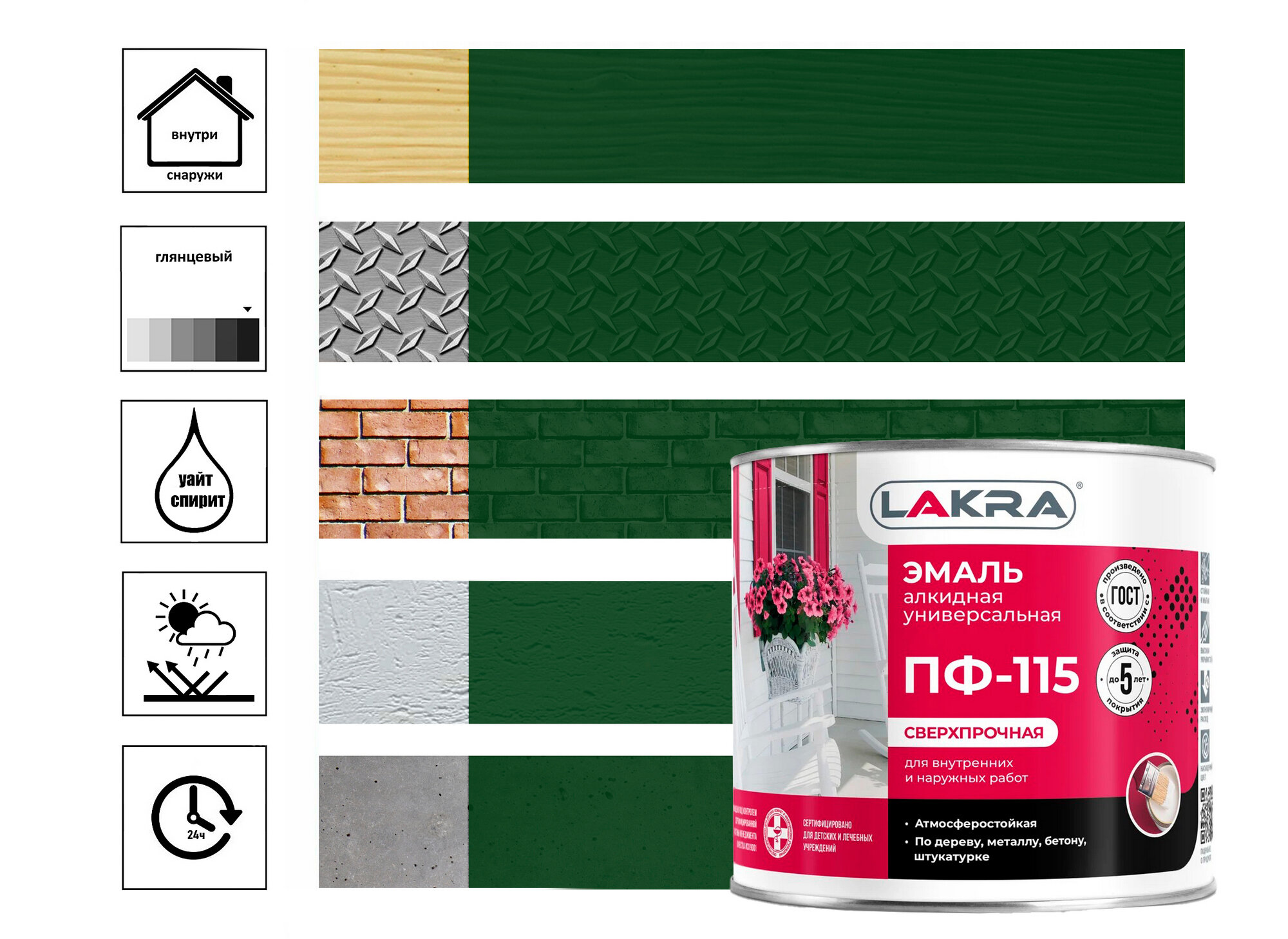 Эмаль Лакра ПФ-115 Л_ПФ-115_1, алкидная, глянцевая, зеленая, 2кг