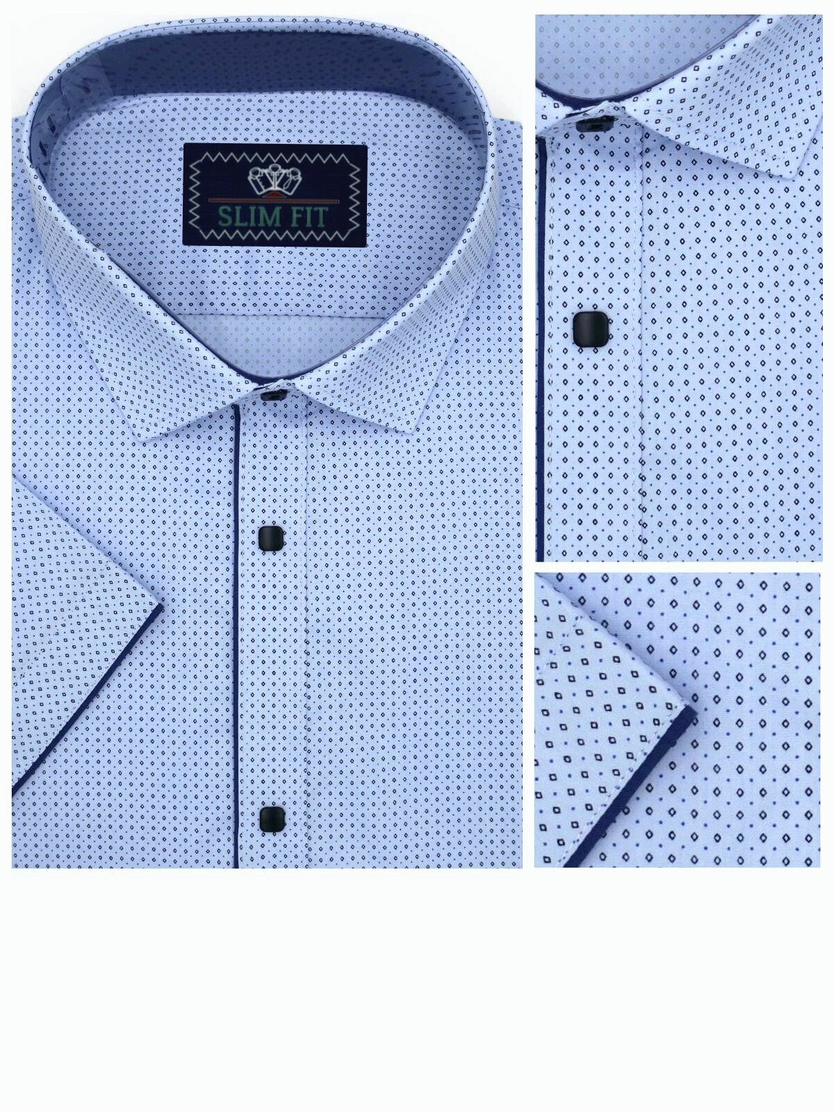 Рубашка Рубашка мужская с коротким рукавом, приталенная, светлая сорочка, на кнопках, рубаха на любой сезон, стильный фасон одежды, голубая, в мелкий рисунок, без карманов, с отделкой