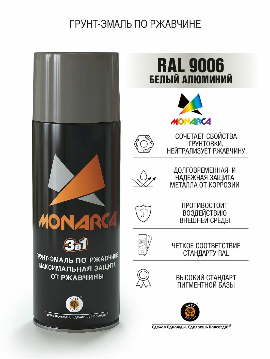 Грунт-эмаль по ржавчине Monarca (520мл) белый алюминий RAL9006