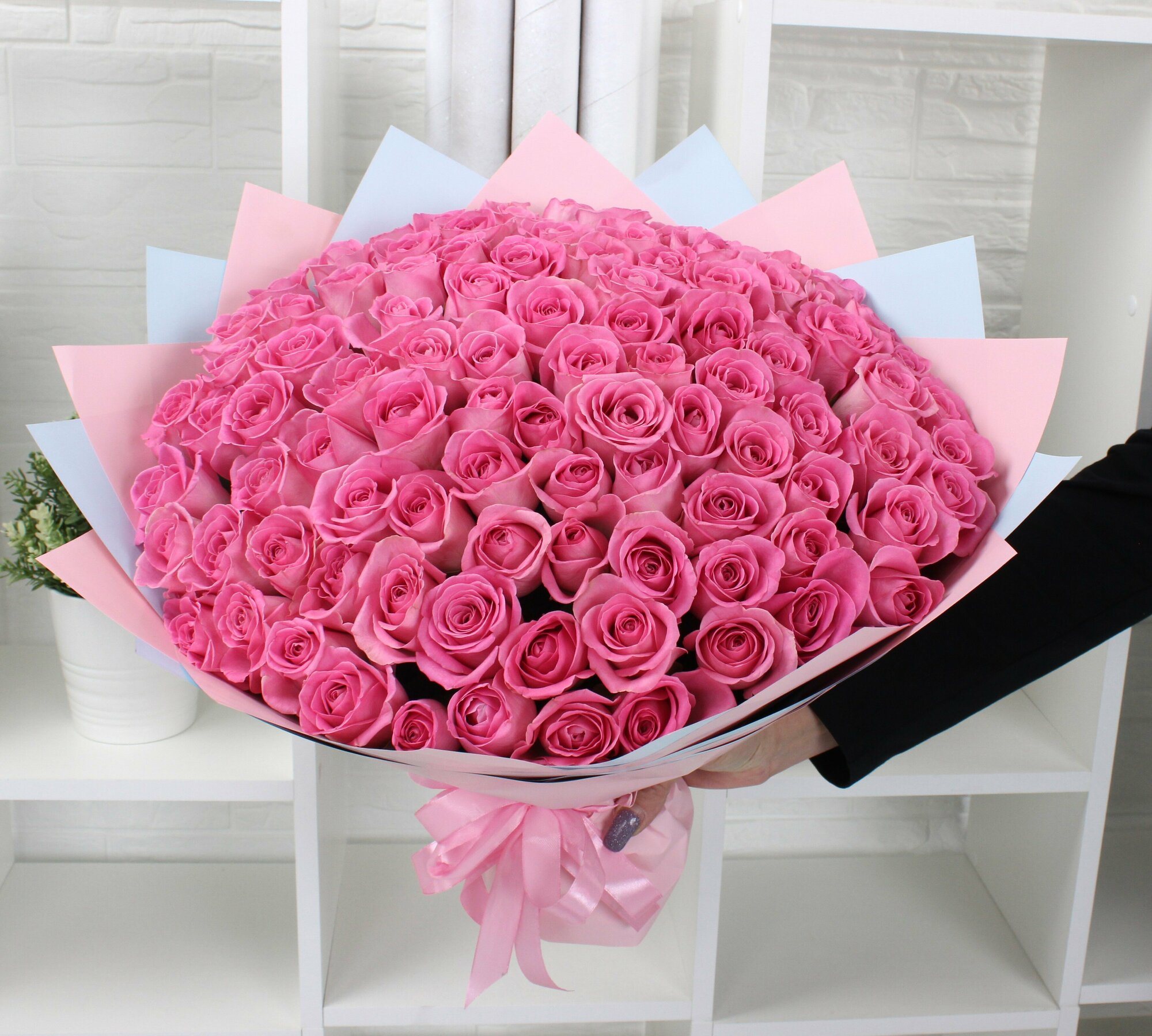 Монобукет THE FLOREAL розовая роза 101 штука, высота 40 см, с бантом