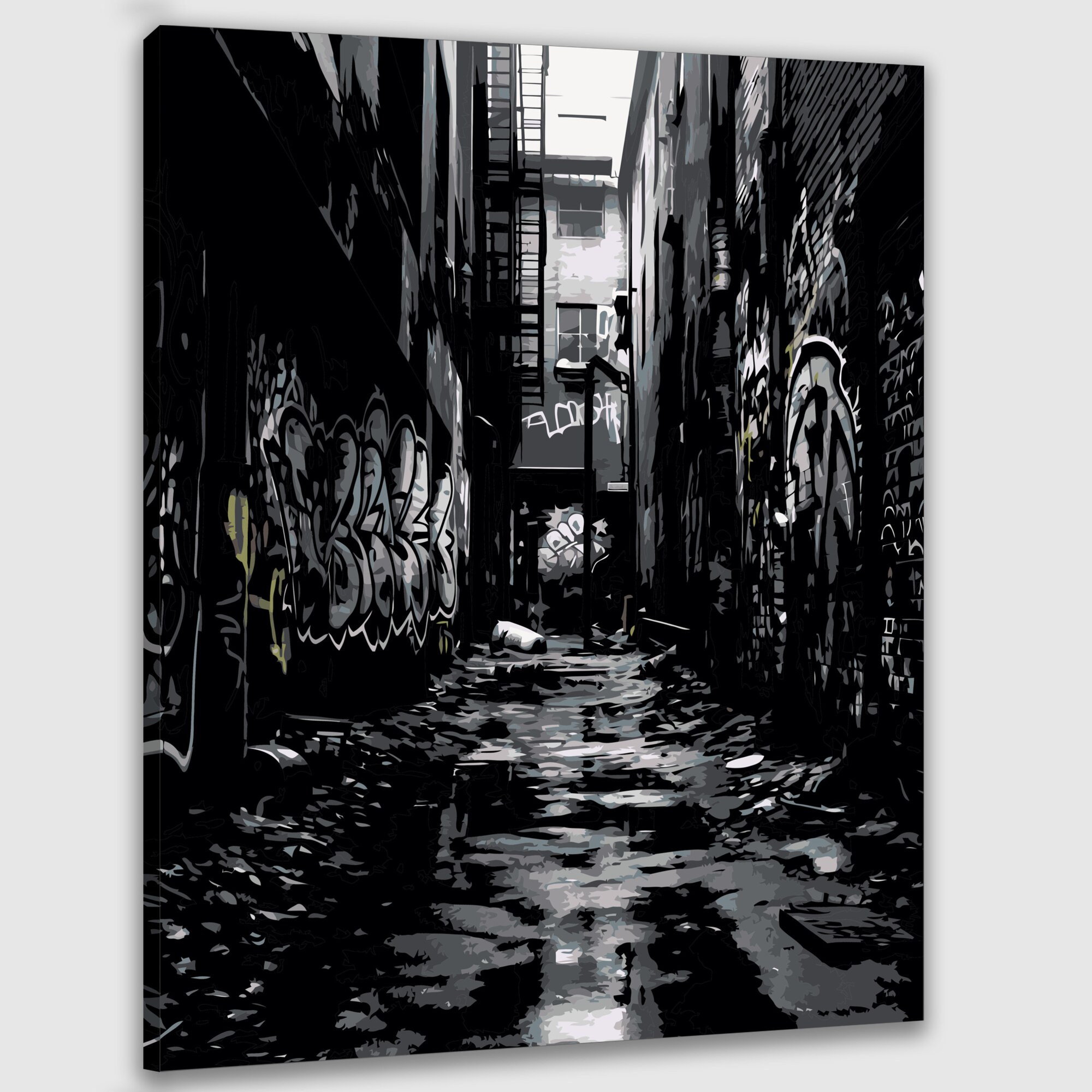 Картина по номерам 40x50 см, черно-белая фотография, граффити, переулок, городская среда, уличное искусство