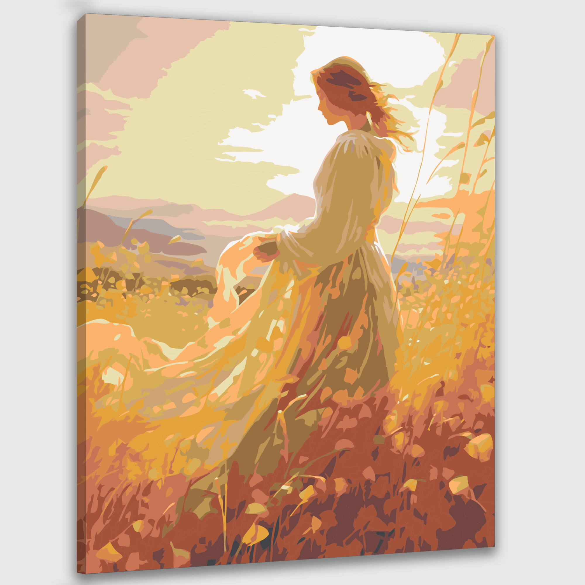 Картина по номерам 40x50 см, сказочная фотография, пейзаж, поле цветов, горный хребет, голубое небо, золотистый свет