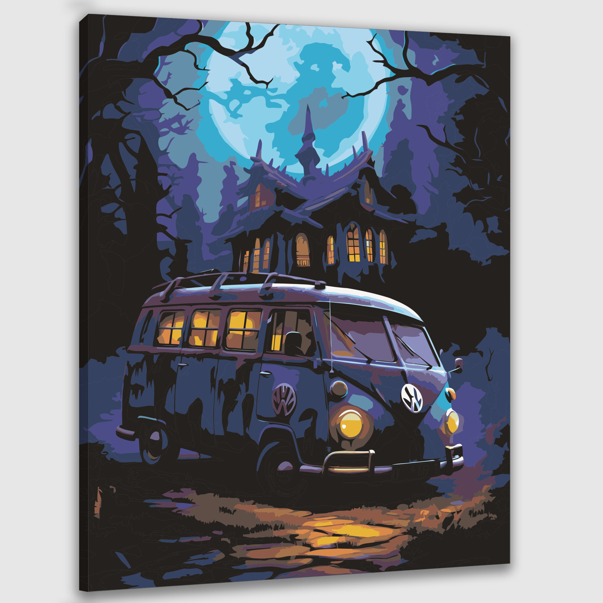 Картина по номерам 40x50 см, цифровая иллюстрация, ретро стиль, фургон Mystery Machine, Скуби-Ду, жуткий дом, туман