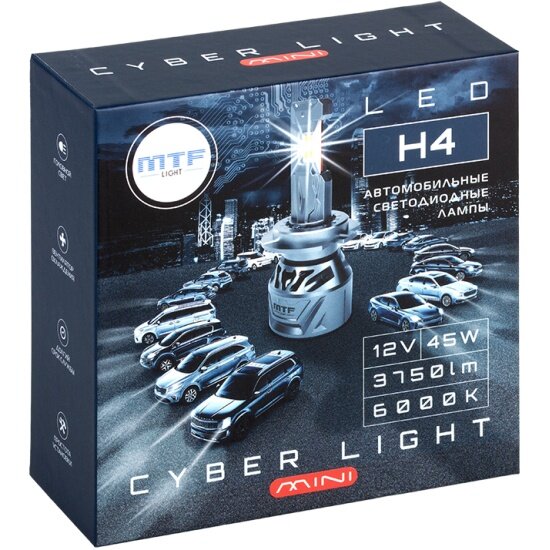 Светодиодные лампы Mtf Light серия CYBER LIGHT MINI H4/19, 12V, 45W, 3750LM, 6000K, кулер, к-т.