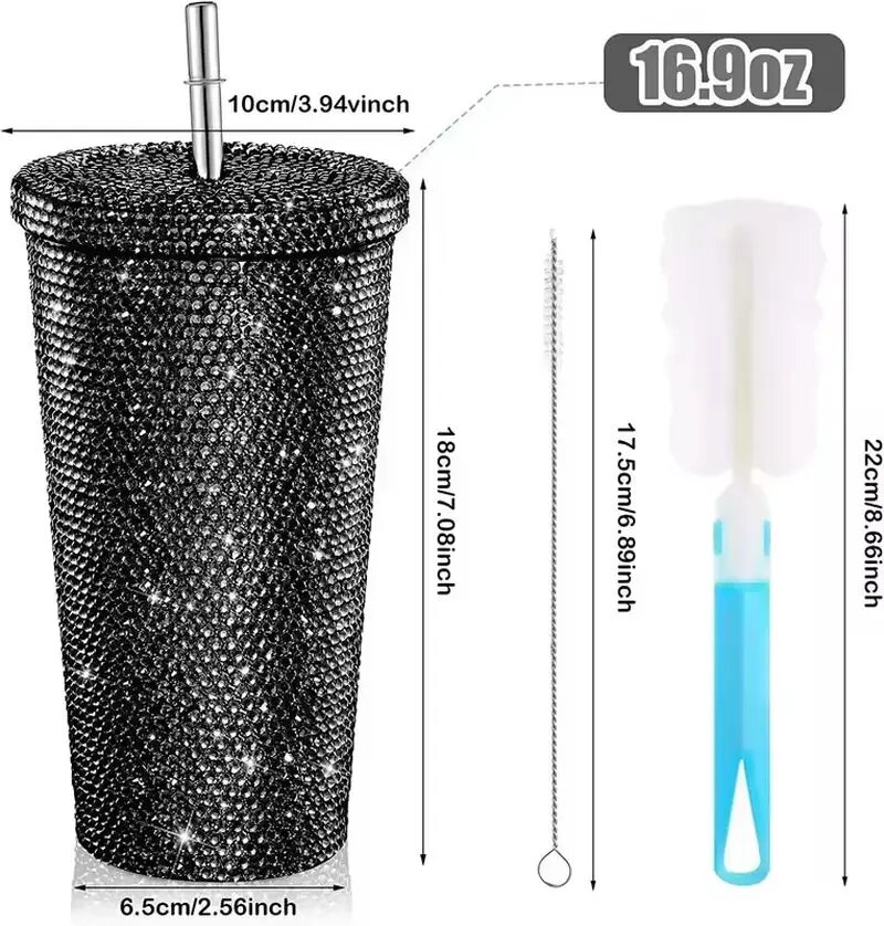 Блестящая Кофейная Кружка 500 Мл Со Стразами, Двухслойная Термокружка Из Нержавеющей Стали С Соломинкой И Крышкой