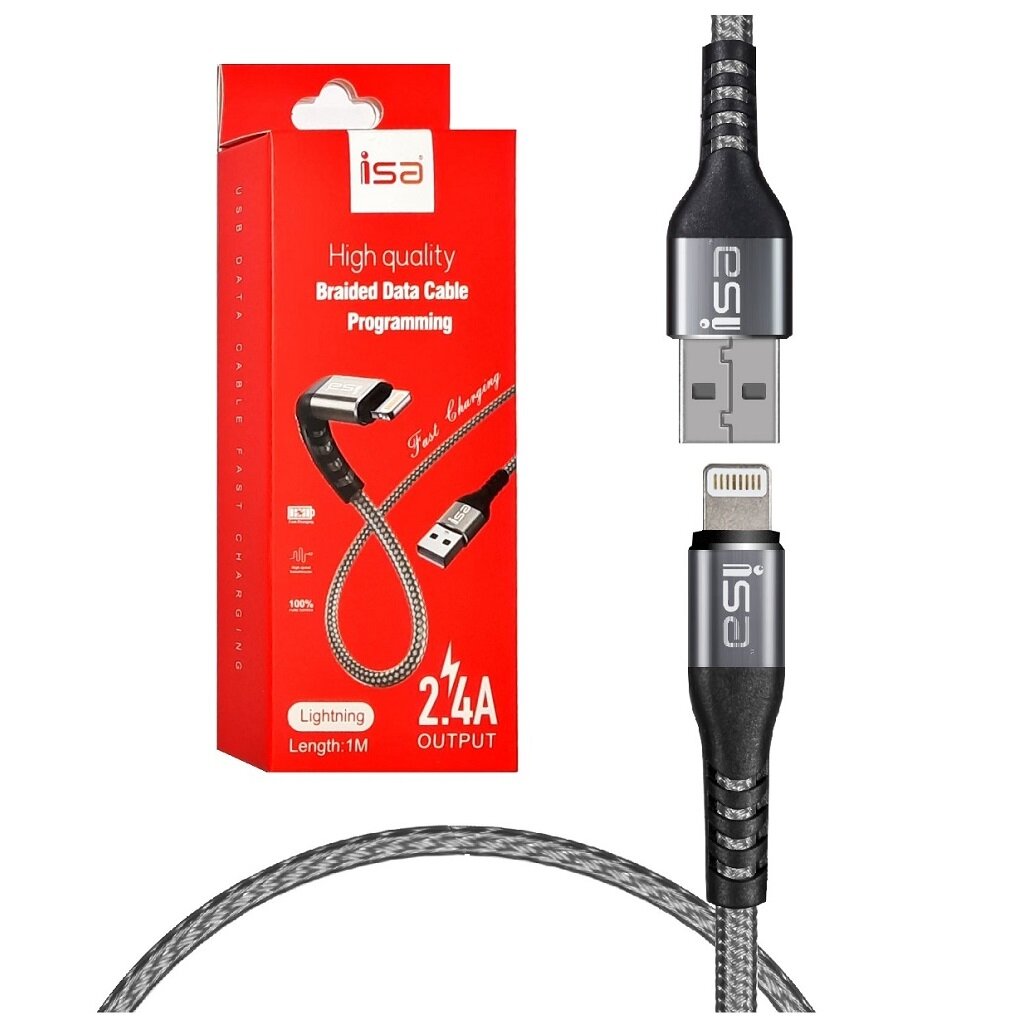 Кабель USB Lightning ISA DC-G03 LUX 2.4A, 1 м, нейлоновая оплетка, серый