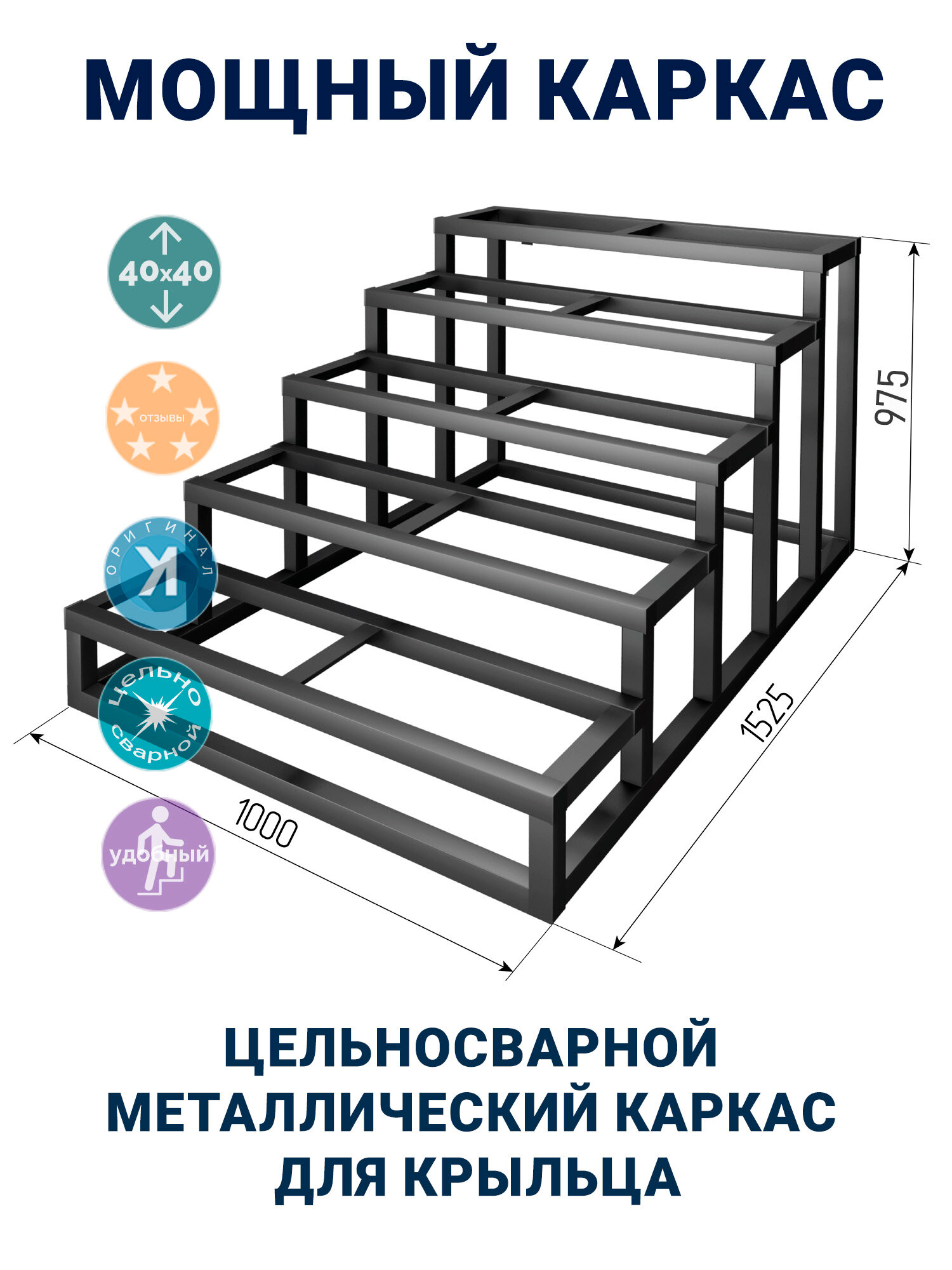 Каркас 5 ступени, 40х40, ширина 100, черный, цельносварной, готовый, 975х1000х1530 мм