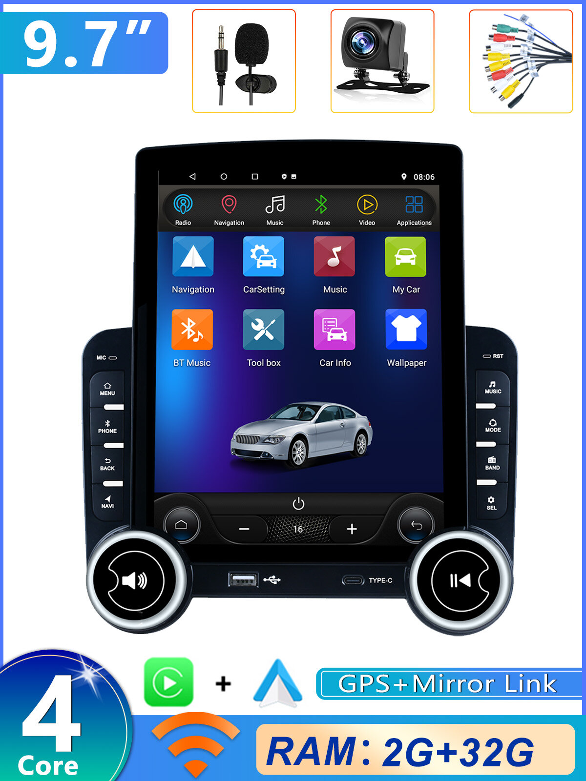 2/32GB 9.7 дюймов Вертикальный экран,2 din Андроид автомагнитола, android Магнитола Carplay,4-ядерный процессор