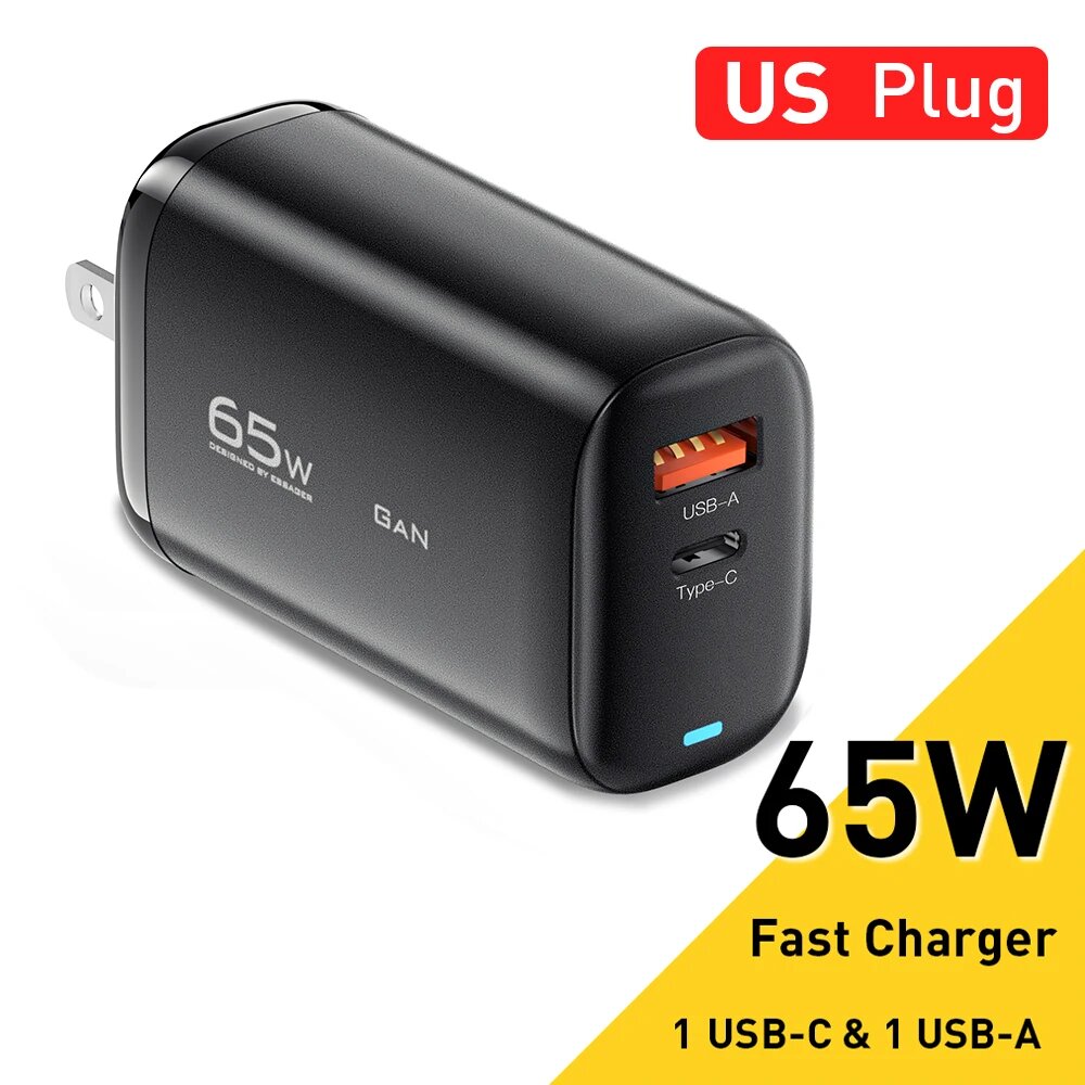 65W Essager GaN зарядное US Plug, USB-C & USB-A, Black