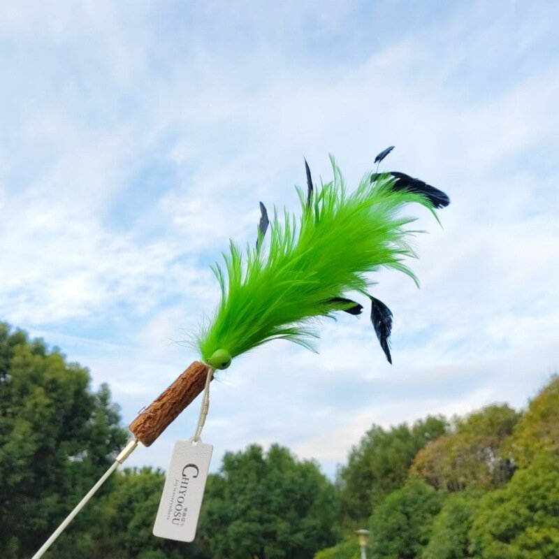 Кошачья игрушка супер-длинный стек с куриным хвостом/страусиные перья. Сменная головка для коктейля зеленая