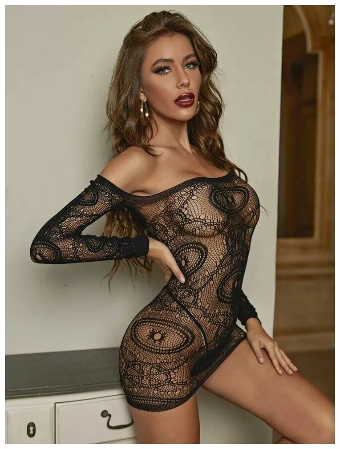 Cексуальное кружевное платье бодистокинг с открытыми плечами Sweetnight черное (40-48р)