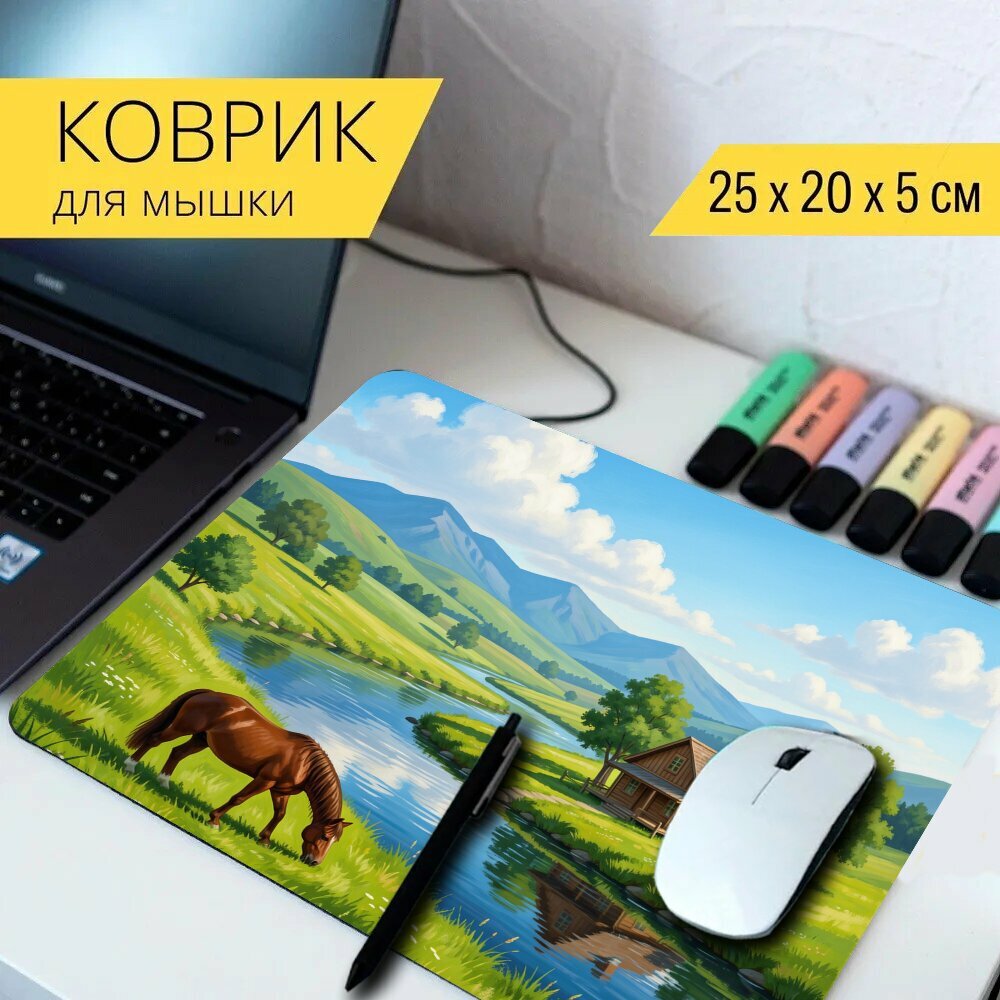 Коврик для мыши с принтом "Летняя долина с рекой и лошадью. Живописная сельская панорама в ярких зелёно-голубых тонах: изгиб реки, деревянный дом у воды, пасущаяся лошадь." 25x20см.