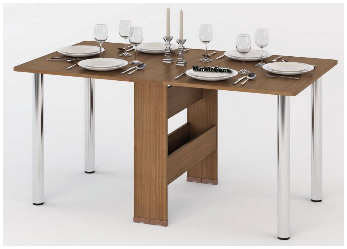 Стол-книжка раскладной обеденный длина 154 см узкий на металлических ножках МагМебель Ральф-3 ясень шимо тёмный