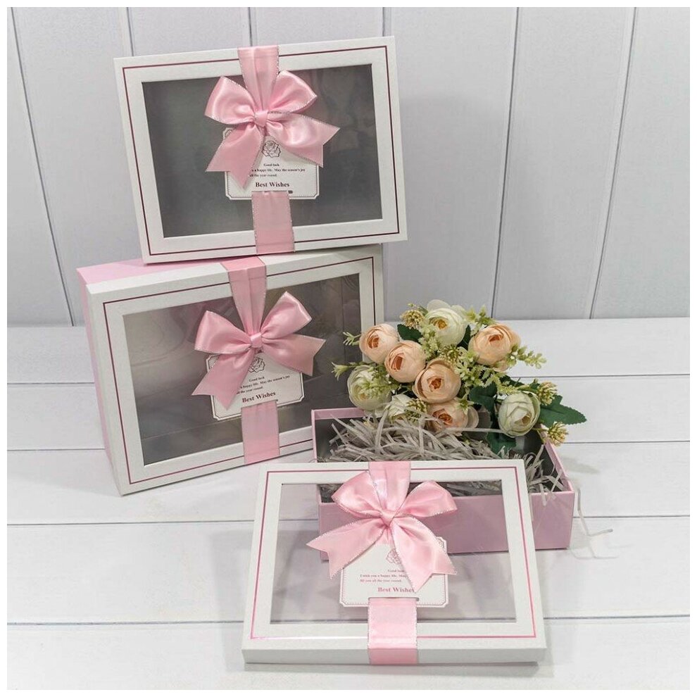 Коробки прямоугольные набор 1/3 29*21*9,5 С окошком розовый. 3шт.