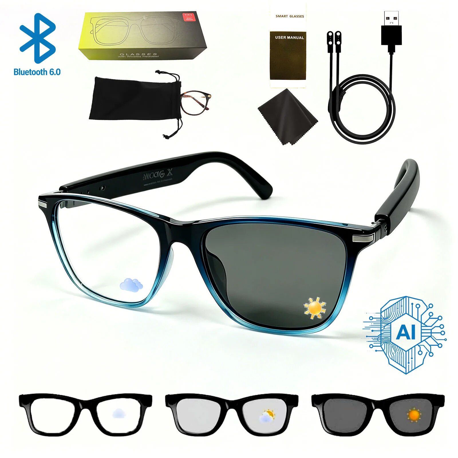 Bluetooth-очки фотохромные Smart Glasses AI Glasses M01HL B