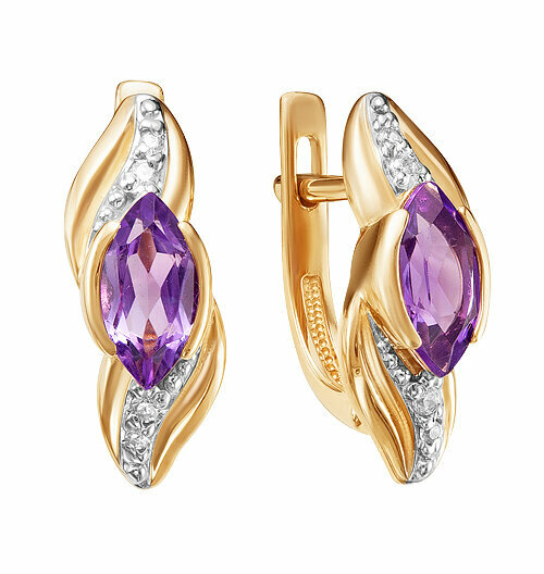 Серьги, золото, 585 проба, фианит, аметист