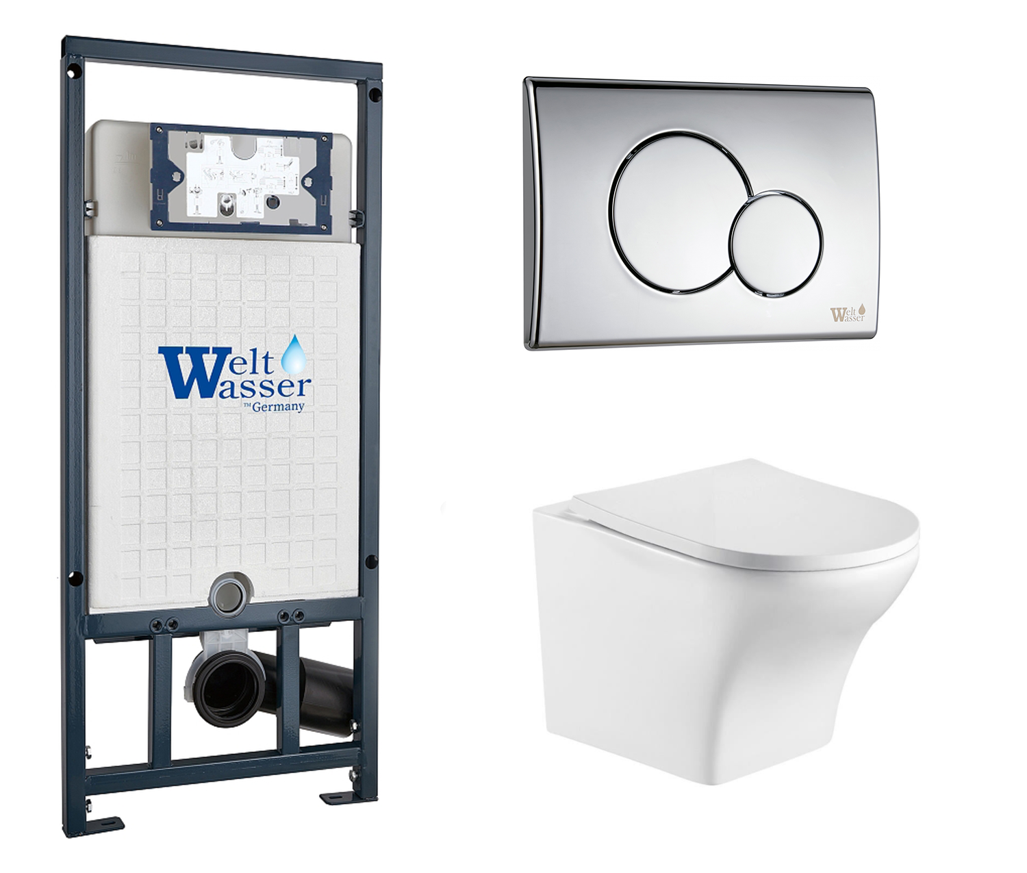 Комплект 3 в 1 инсталляция WeltWasser WW Marberg 507 + Подвесной унитаз WeltWasser Odenbach 004 GL-WT с кнопкой хром RD 10000005949 + 10000003704 + 10000005952