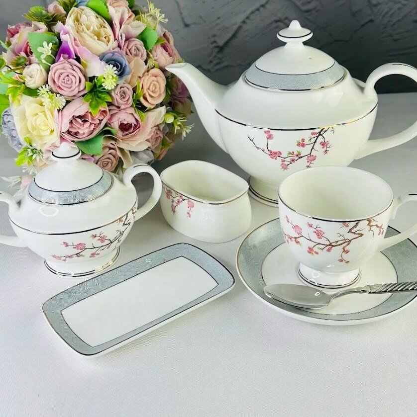 Чайный сервиз 18пр. Сакура Костяной фарфор 145-628 118-145-628