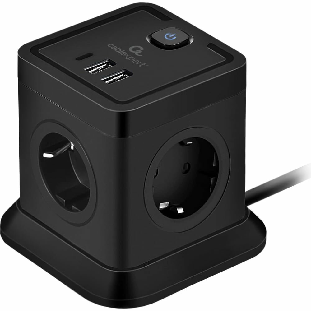 Сетевой фильтр Cablexpert Tower 4р, 10А, 1xType-C PD, 20Вт, 2хUSB, 2м, ур. защиты 2+, черный, коробка TWR-4-CU2-B-2, для