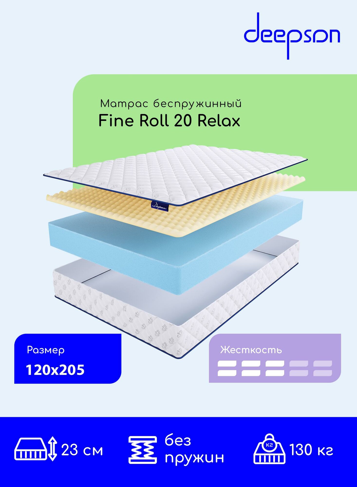 Матрас 120x205 ортопедический беспружинный Deepson Fine Roll 20 Relax