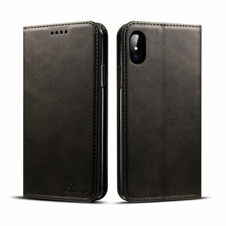 Кожаный чехол книжка Suteni для iPhone X / XS с подставкой и разъемом для карточек (Black)