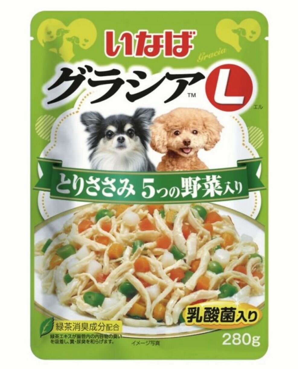 INABA / Инаба корм для собак мелких и средних пород влажный Gracia L Куриное филе с 5 видами овощей в желе, пауч 280 гр