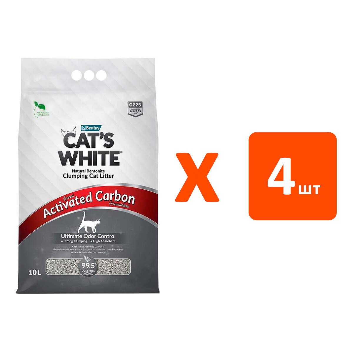 CAT'S WHITE ACTIVATED CARBON наполнитель комкующийся для туалета кошек с активированным углем 10 л х 4 шт