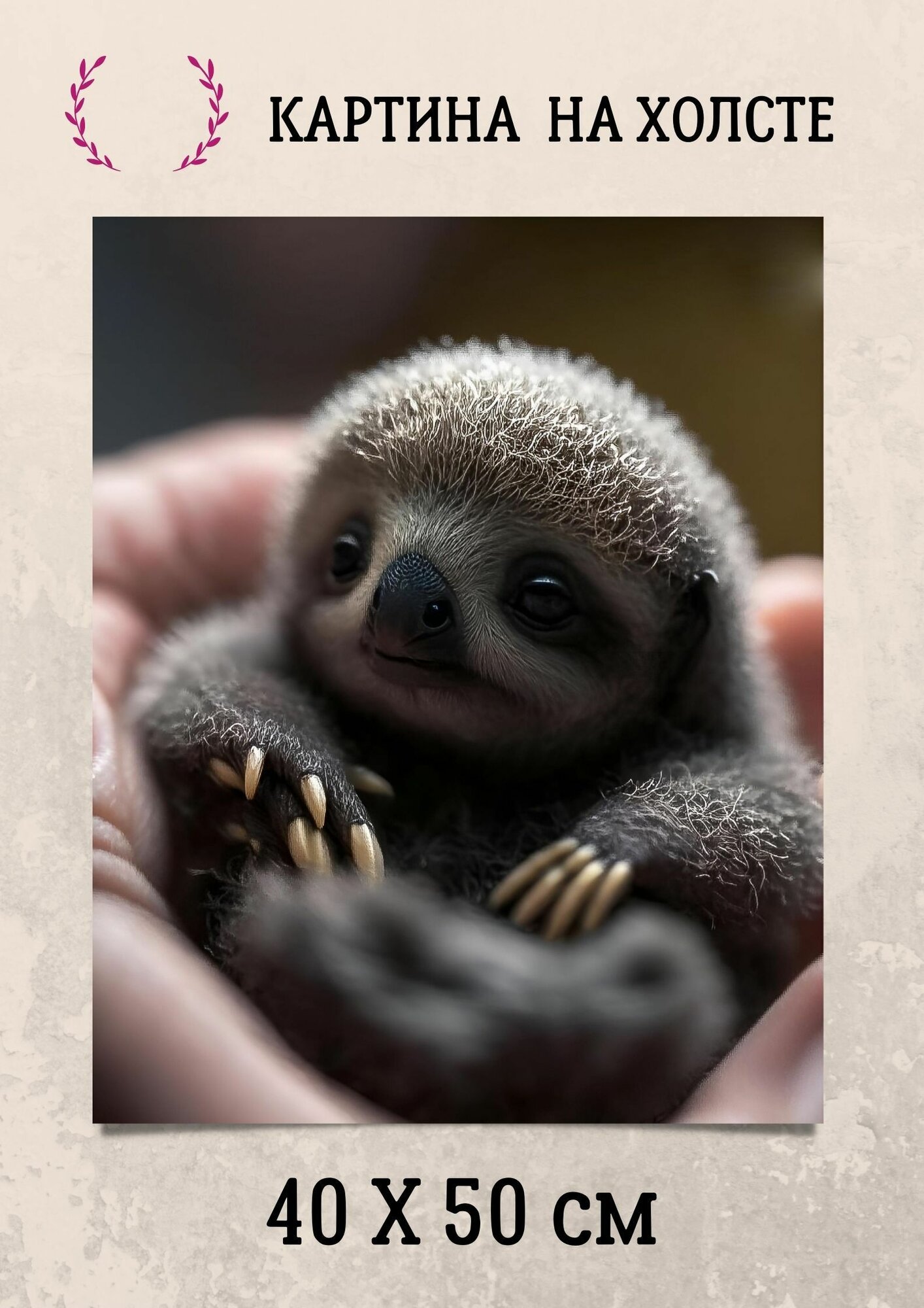 Картина интерьерная с ручными животными - "Маленький ленивец в руках"