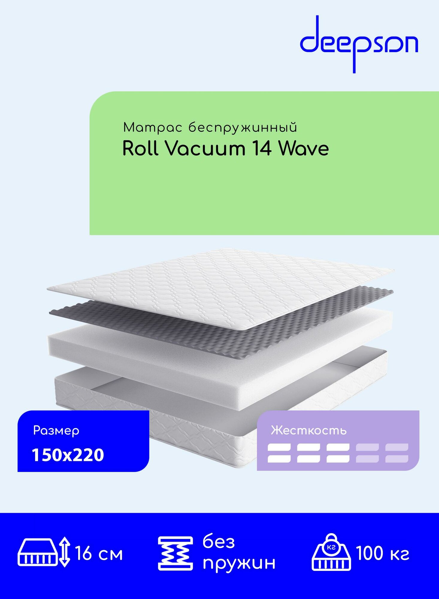 Матрас 150x220 ортопедический беспружинный Deepson Roll Vacuum 14 Wave