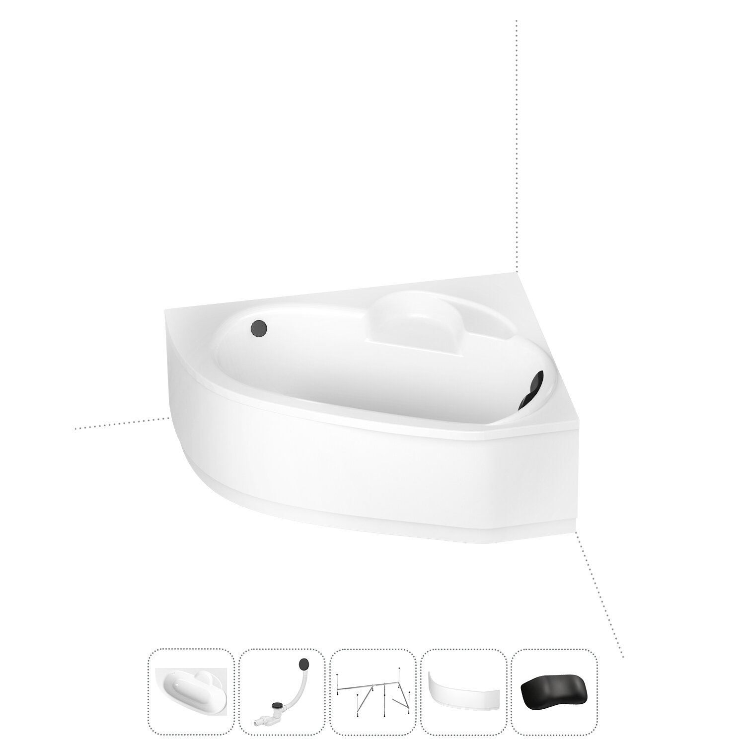 Угловая ванна акриловая 140 x 95 с каркасом и экраном Lavinia Boho Bell Pro 202011726 в наборе 5 в 1: асимметричная ванна (правый разворот), слив-перелив, каркас, экран, подголовник