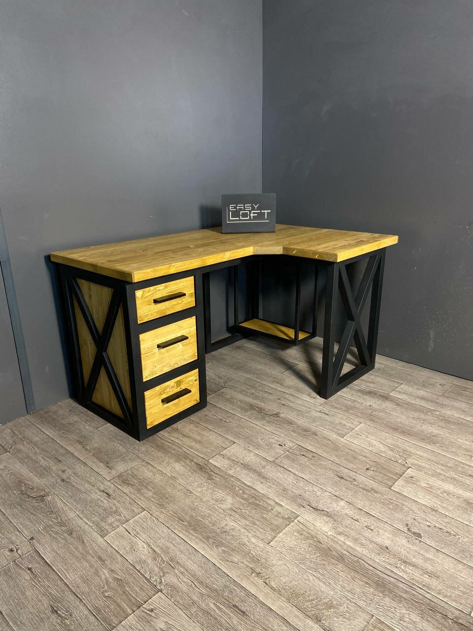 Стол письменный угловой "EasyLOFT" в стиле лофт с тумбой, массив хвойных пород, для дома и офиса, (140х100)x60x75см, цвет золотой дуб