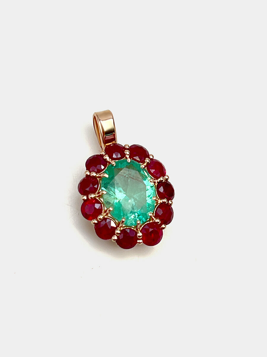 Подвеска, красное золото, 585 проба, изумруд, рубин