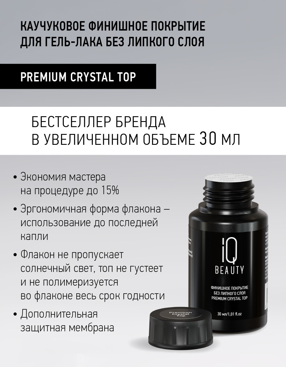 Топ для гель-лака IQ Beauty Premium Сrystal Top, без липкого слоя, 30 мл