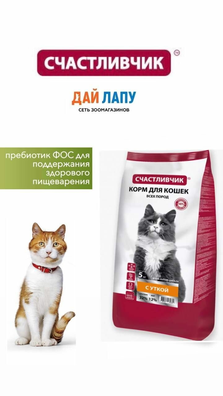 Корм для кошек всех пород сухой, Счастливчик, с уткой 5 кг