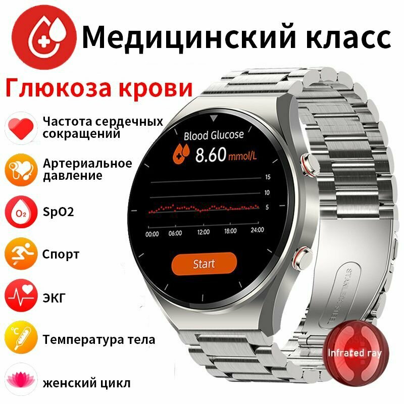 Hygieia-05r Pro Смарт-часы с глюкозой в крови Мужчины Полный сенсорный экран Спорт Фитнес