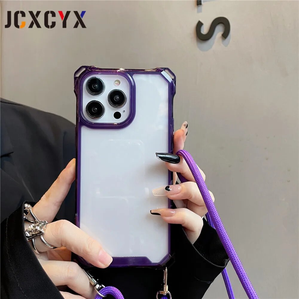 Роскошный противоударный чехол с ожерельем через плечо и ремешком, прозрачный жесткий чехол для iPhone 15 14 Pro Max 13 12 11 X XR 8 7 Plus SE, мягкий чехол Purple, for iphone 14Pro