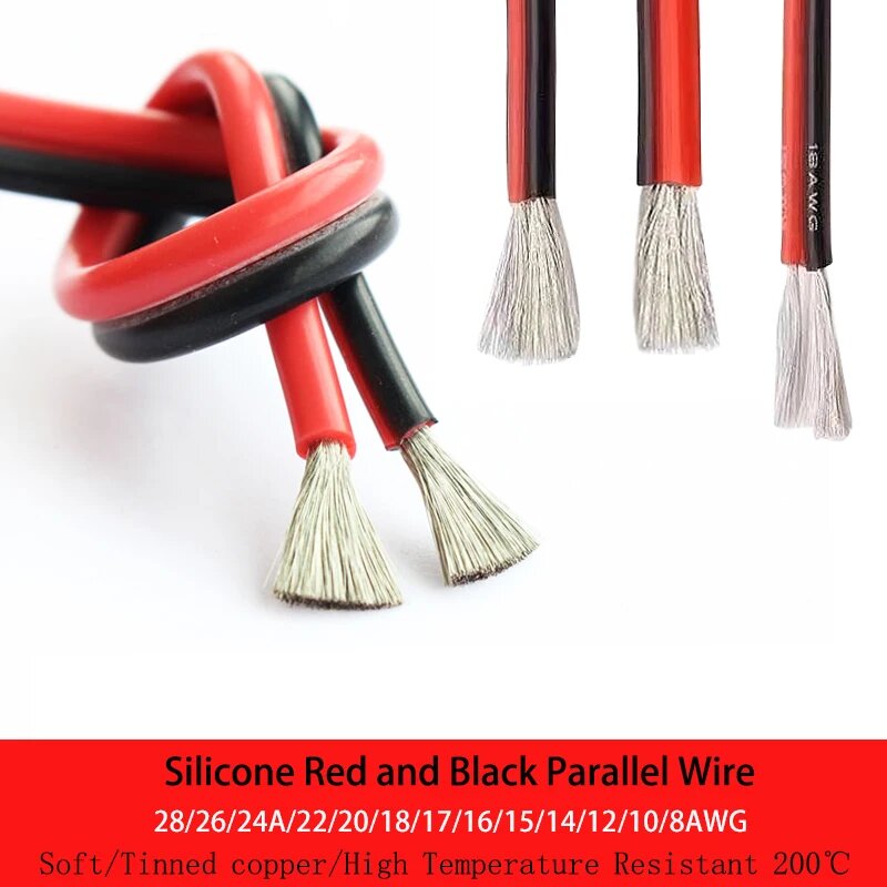 Силиконовый красный и черный параллельный кабель 2P 28/26/24/22/20/18/16/14/12/8AWG 0.08-8мм2 2P 18AWG 0.75mm2, 10Meters
