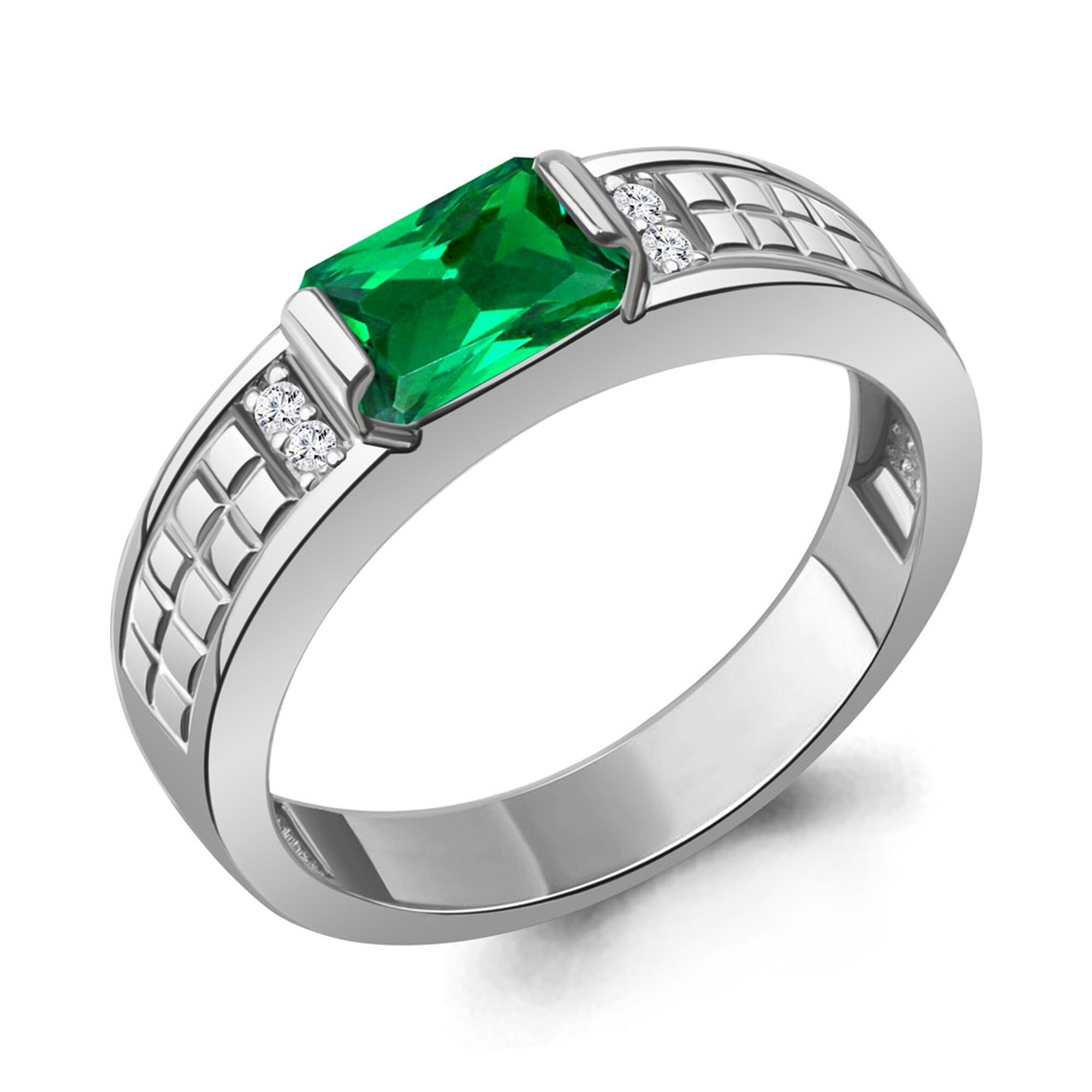 Кольцо, серебро, 925 проба, родирование, изумруд синтетический, фианит