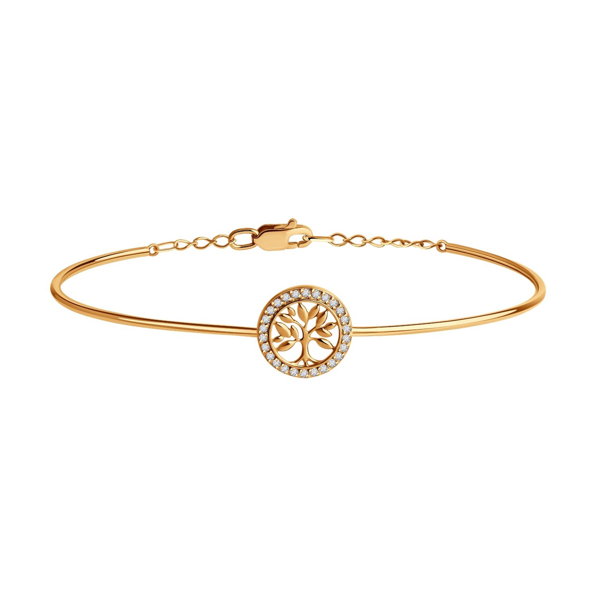 Жесткий браслет, красное золото, 585 проба, фианит